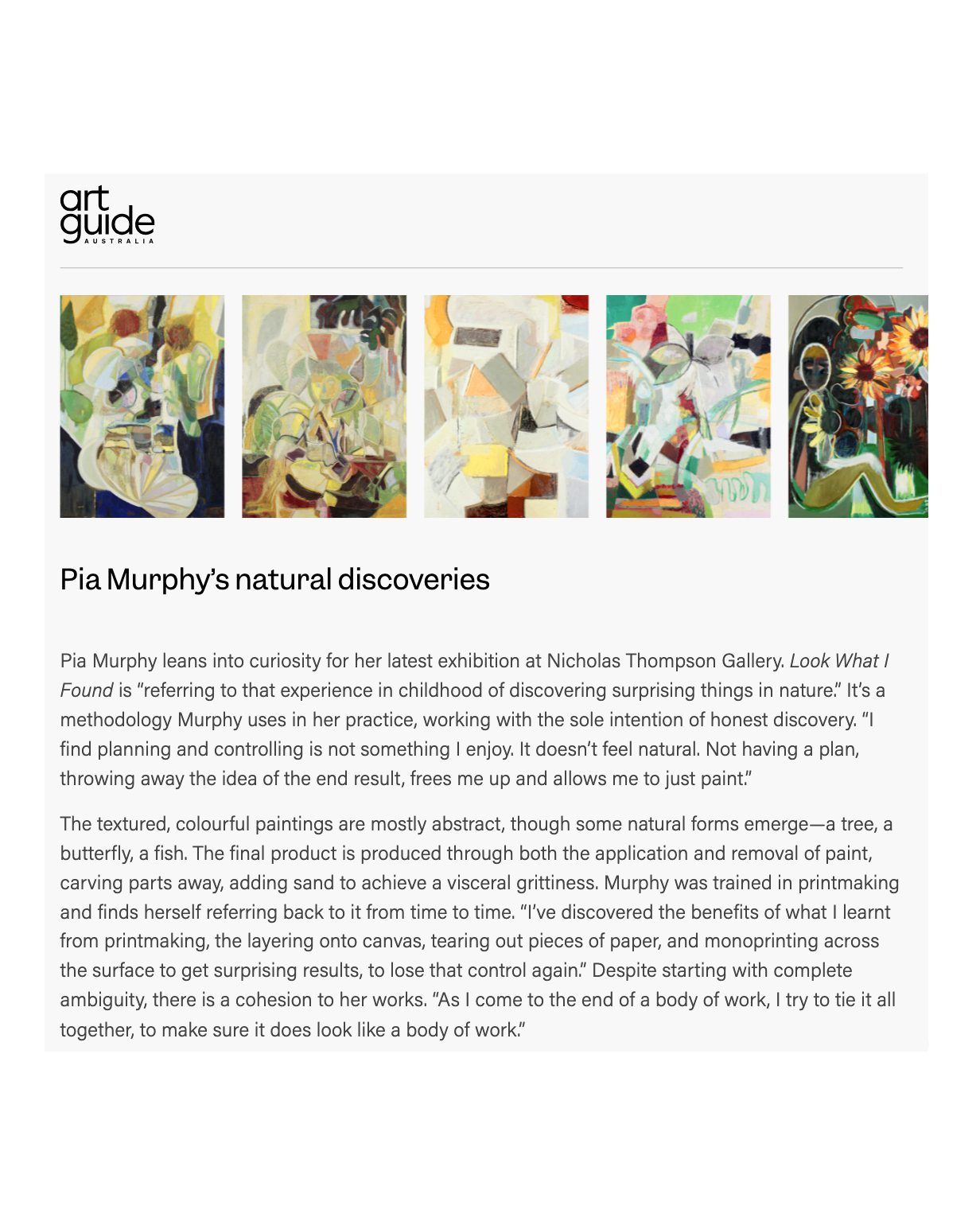 PIA MURPHY EXHIBITION PREVIEWED IN ART GUIDE AUSTRALIA - Nicholas Thompson Gallery